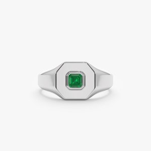 14k Signet Ring With Emerald, Square Shape Gemstone, Birthstone Jewelry ...