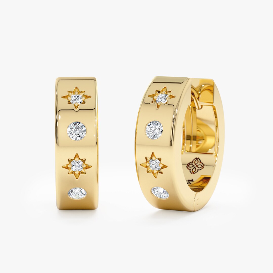Diamond Hoop Earrings, Solid Gold and Natural Diamonds, Starburst ...