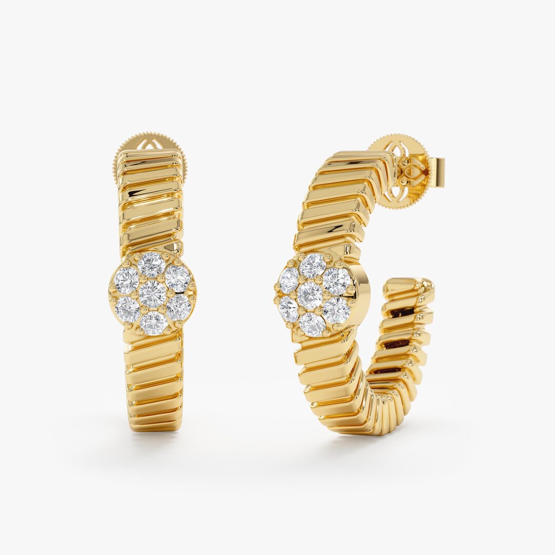 14k Gold Unique Diamond Hoop Earrings, Natural White Diamond, Spiral ...