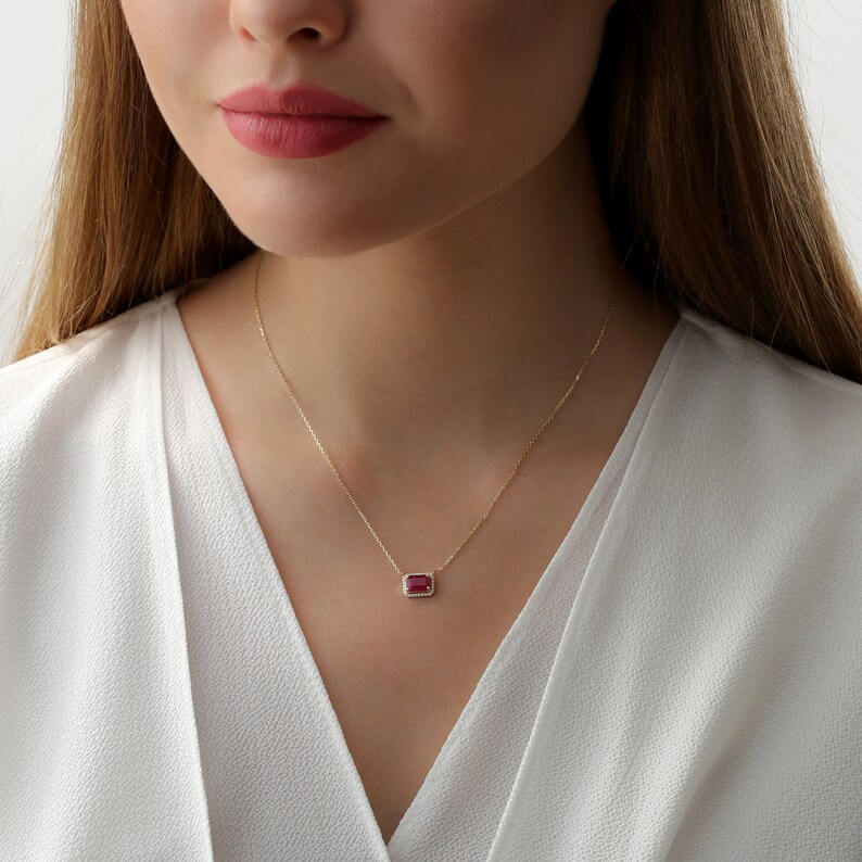 14k Gold Diamond and Ruby Necklace Emerald Cut Genuine Ruby - Etsy