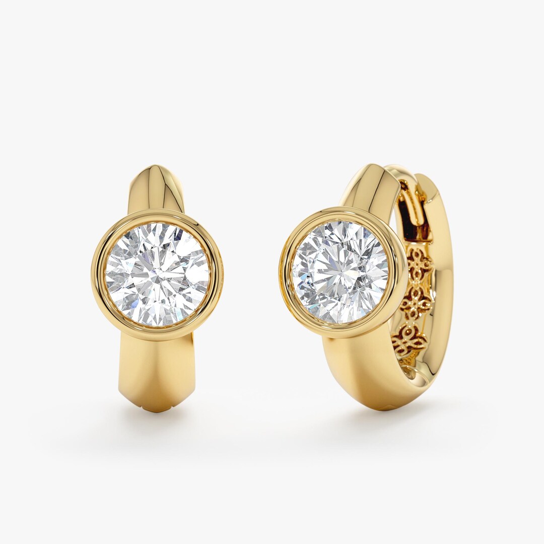 Large Lab Grown Diamond Mini Hoops, Solid Gold Bezel Set Huggie ...