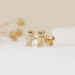 Diamond Teddy Bear Earrings, 14K Gold Teddy Bear Stud, Diamond Cute Cuddly Bear, Gummy Bear ...