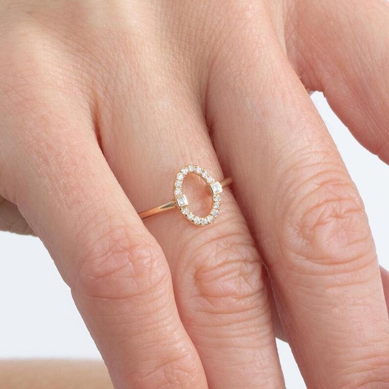 14k Oval Diamond Ring, Solid Gold Band, Pave Diamond Open Oval Ring ...
