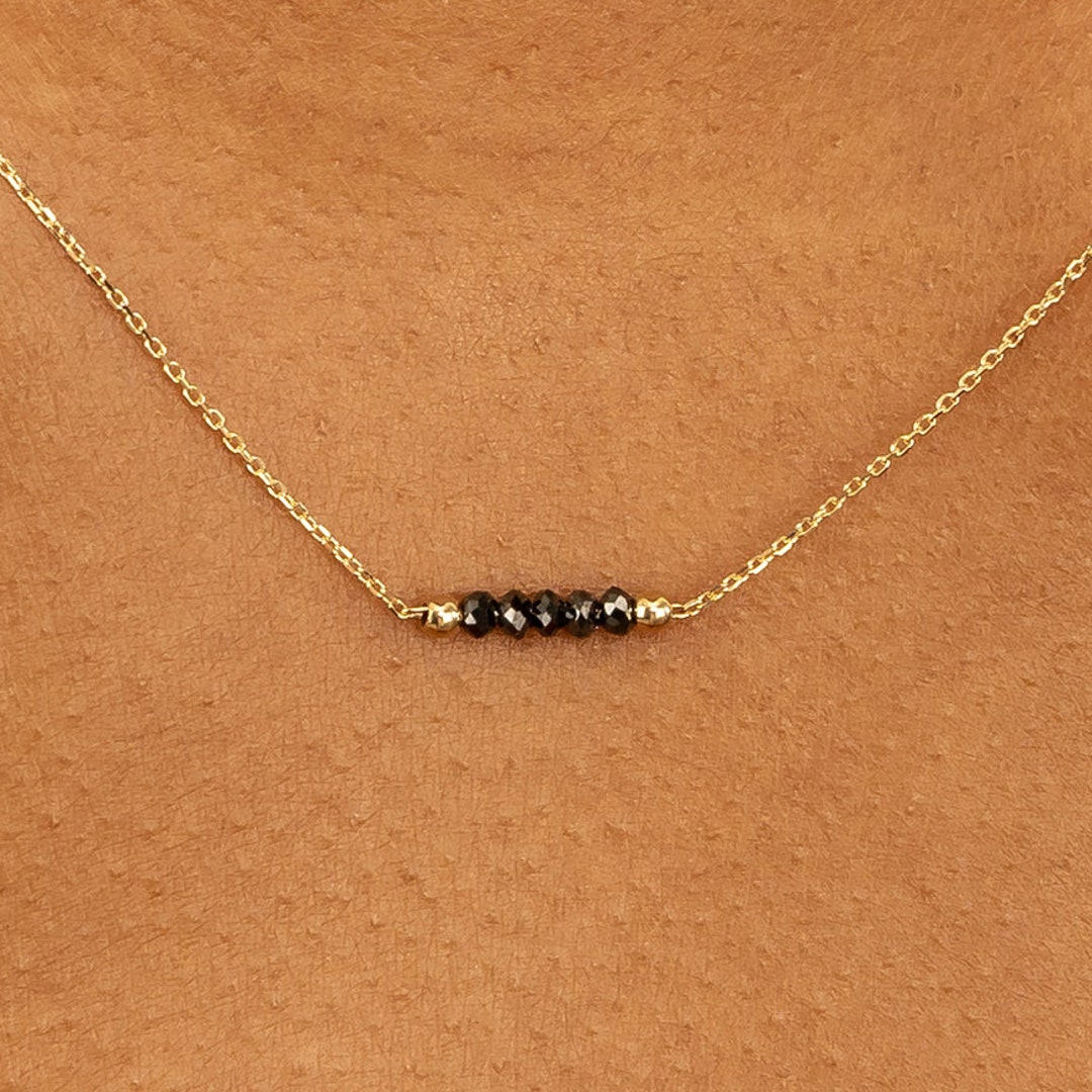 Black Diamond Necklace, Solid Gold Chain, Natural Diamonds, Beaded Gold ...