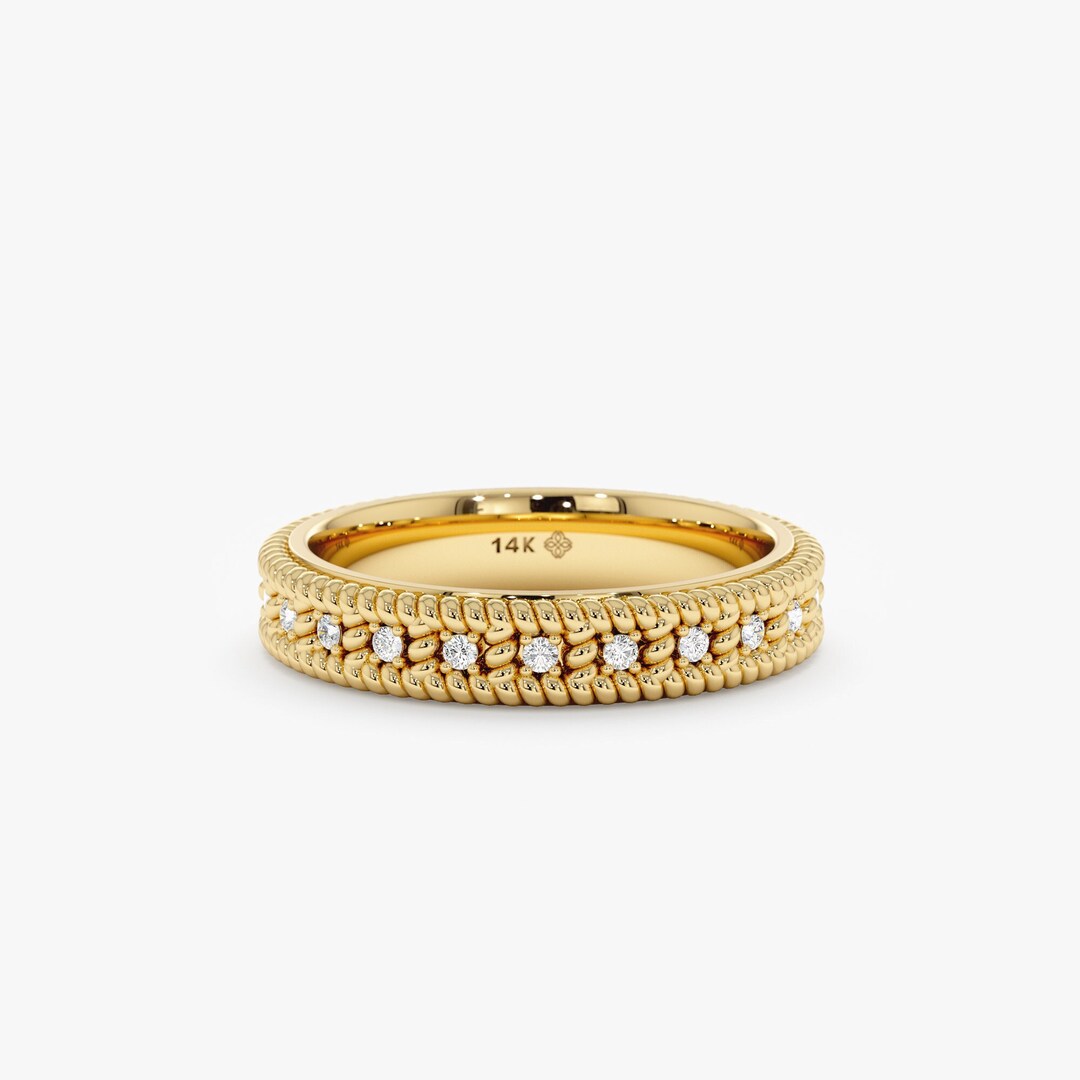 14k Solid Gold Diamond Eternity, Rope Texture Band, Thick Stackable ...