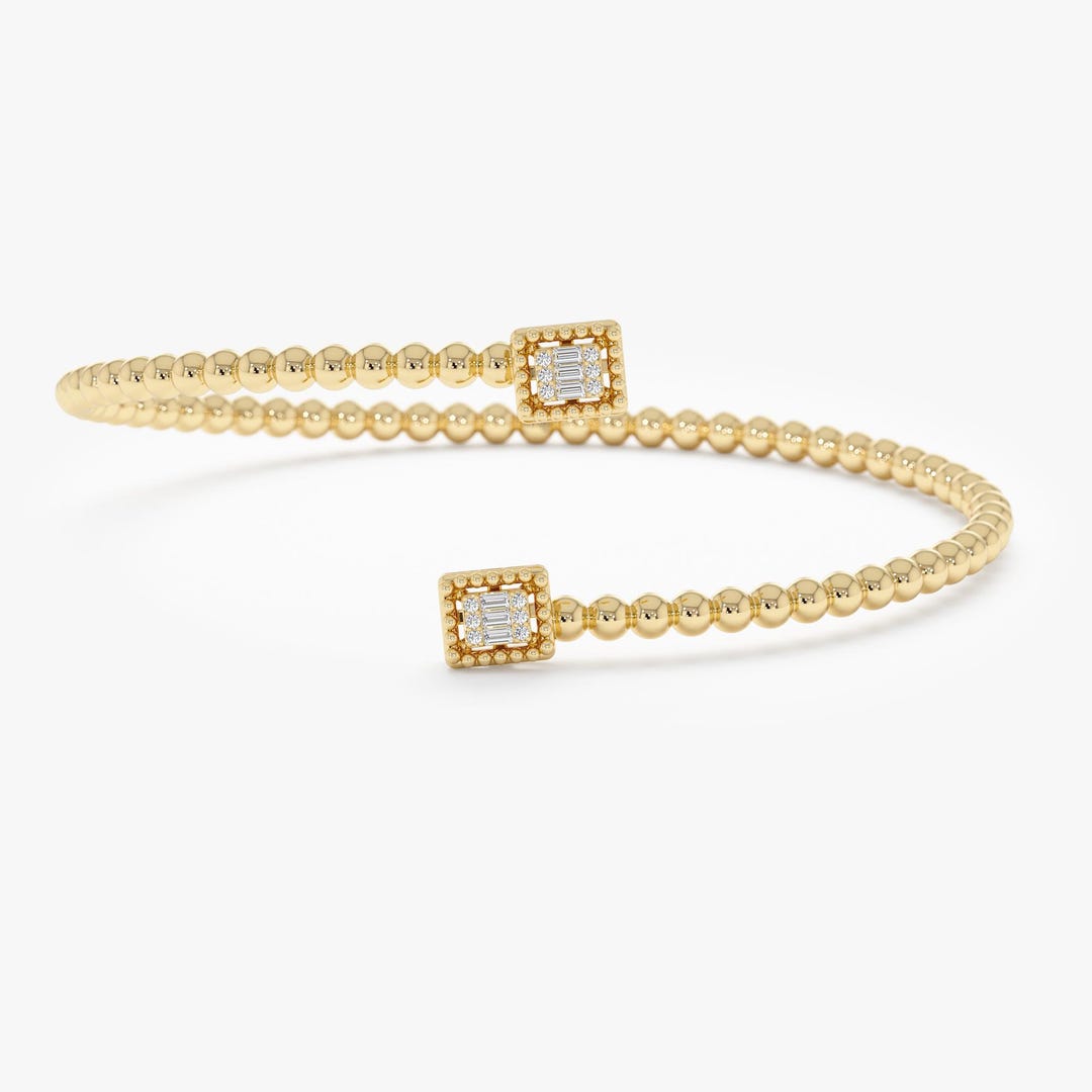 14k Gold Beaded Diamond Cuff Bracelet, Baguette Diamond Cuff Bracelet ...