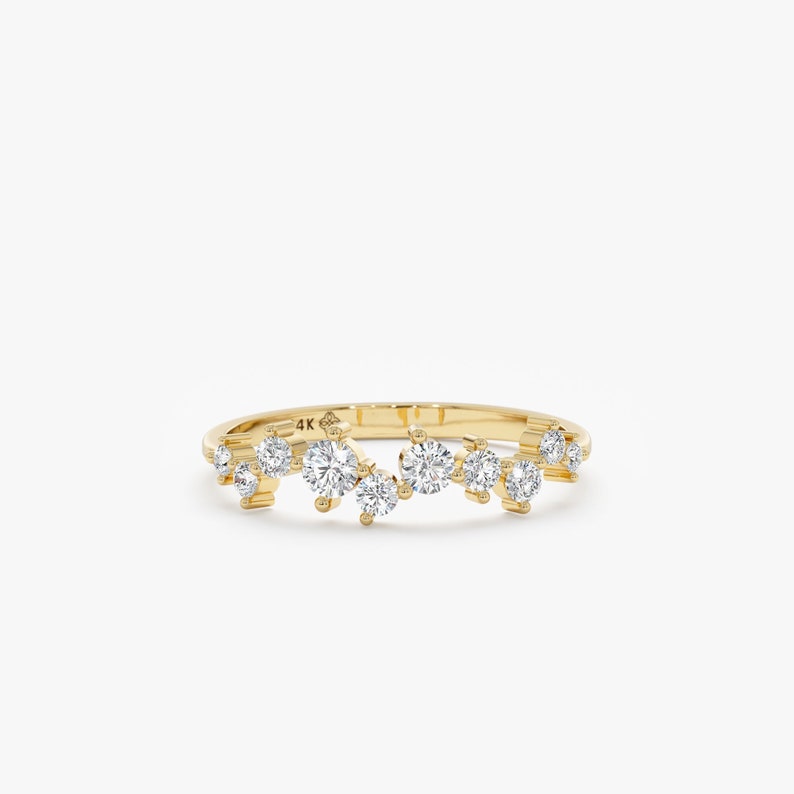 14k Gold Diamond Ring, Cluster Setting, Bridal Gift, Asymmetrical Set ...