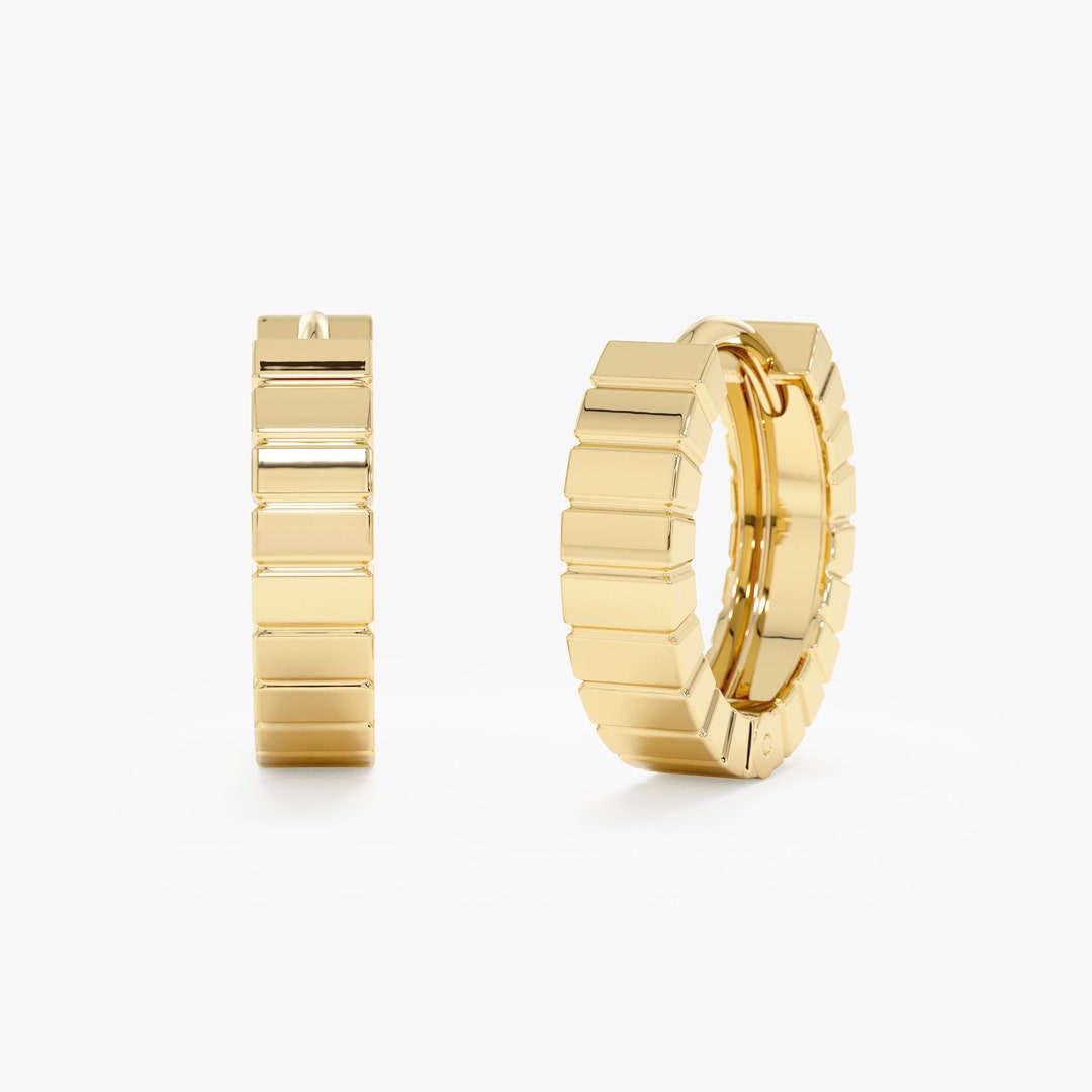14k Gold Textured Huggie, Plain Fluted Hoops, Solid Gold Everyday ...