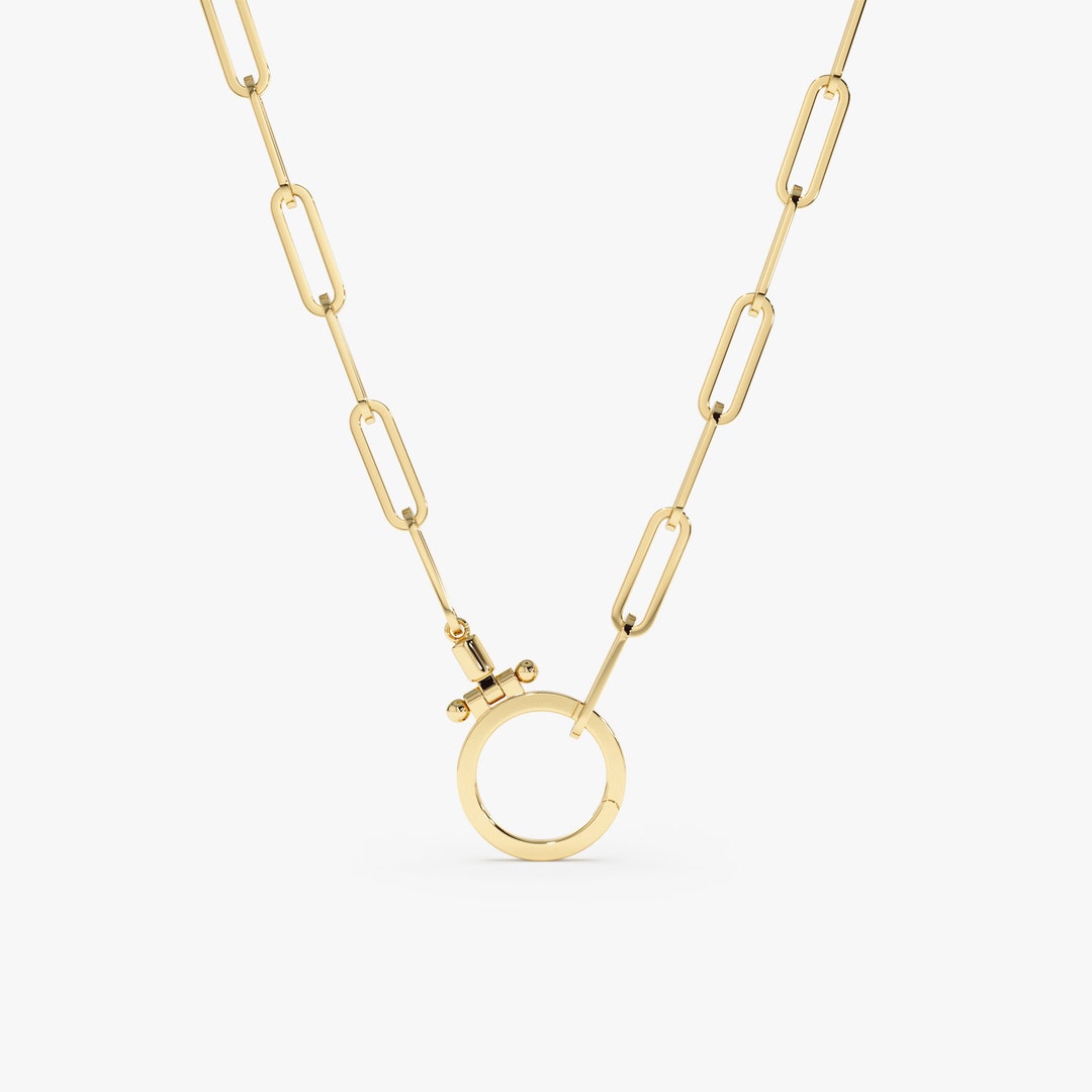 Solid Gold Enhancer Charm Necklace, 14k Gold Paperclip Chain Necklace ...