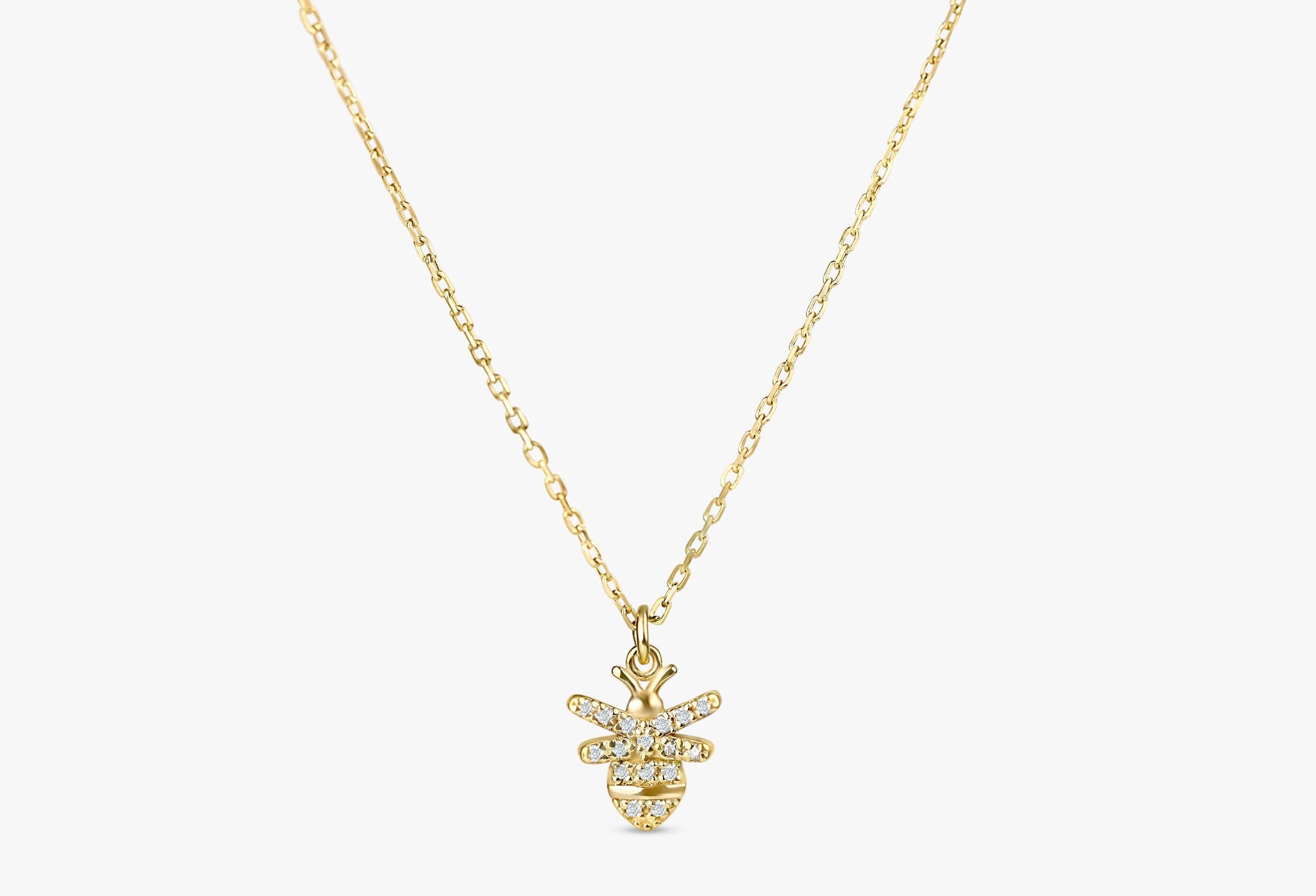 14k Gold Diamond Bee Necklace Solid Gold Charm Necklace - Etsy