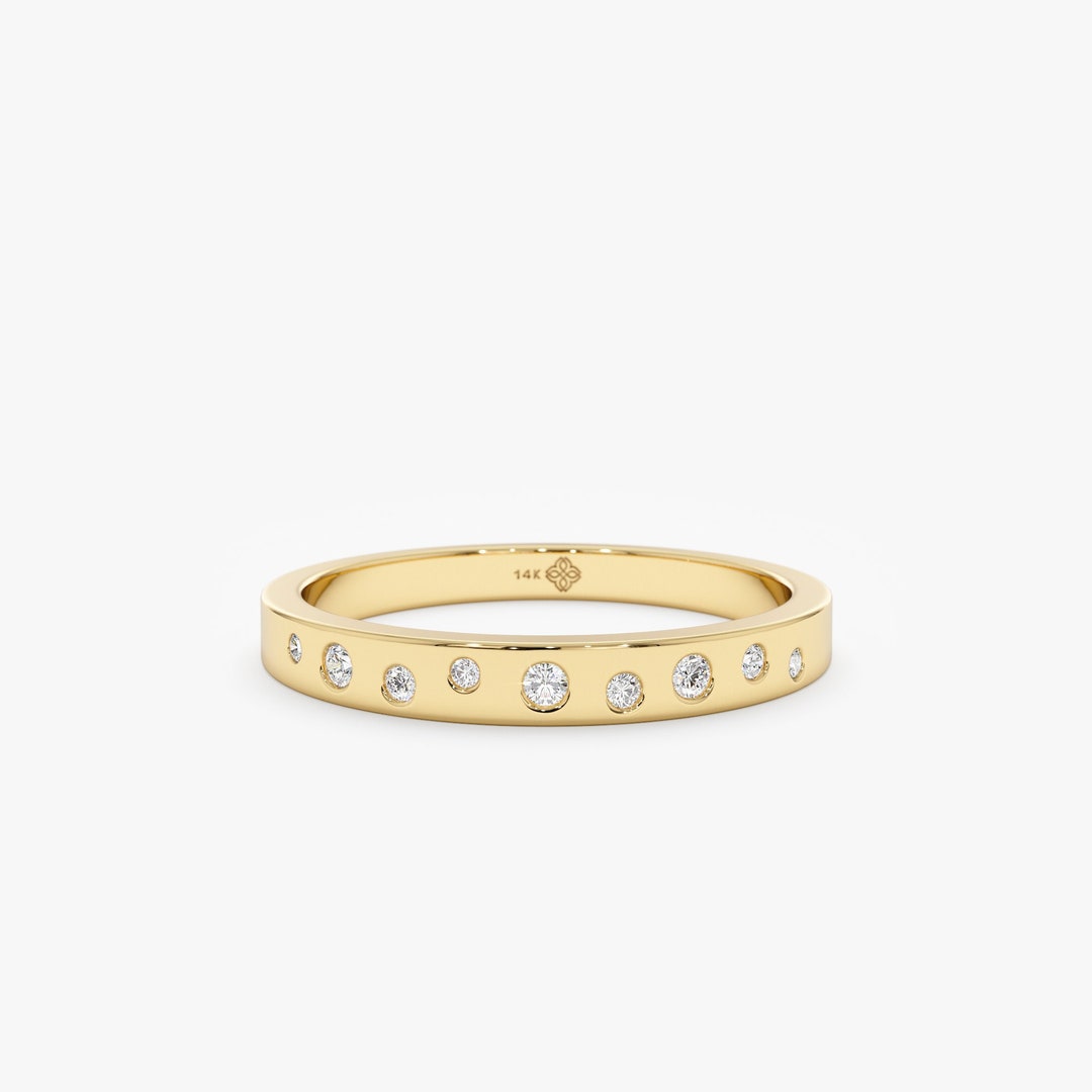 14k Gold Scattered Diamond Ring, 2.3 Mm Band, Unique Wedding Ring ...