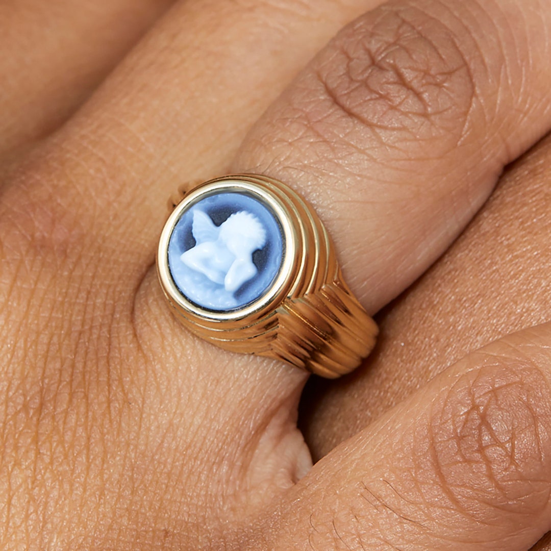 Blue Agate Cameo Signet Ring, Exquisite Design, 14k or 18k Solid Gold ...
