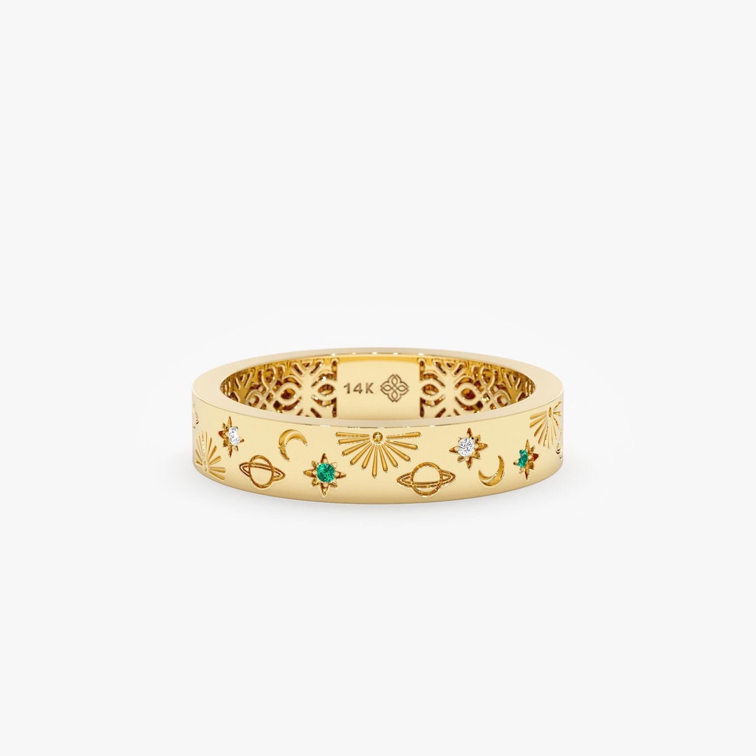 Celestial Ring, Natural Emerald Accents, Solid Gold Flat Band Ring ...