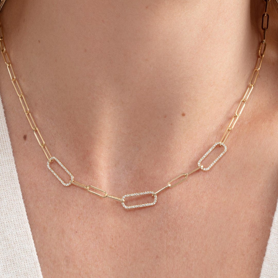 Diamond Paperclip Chain Necklace, 14k Solid Gold Diamond Necklace, Pave ...