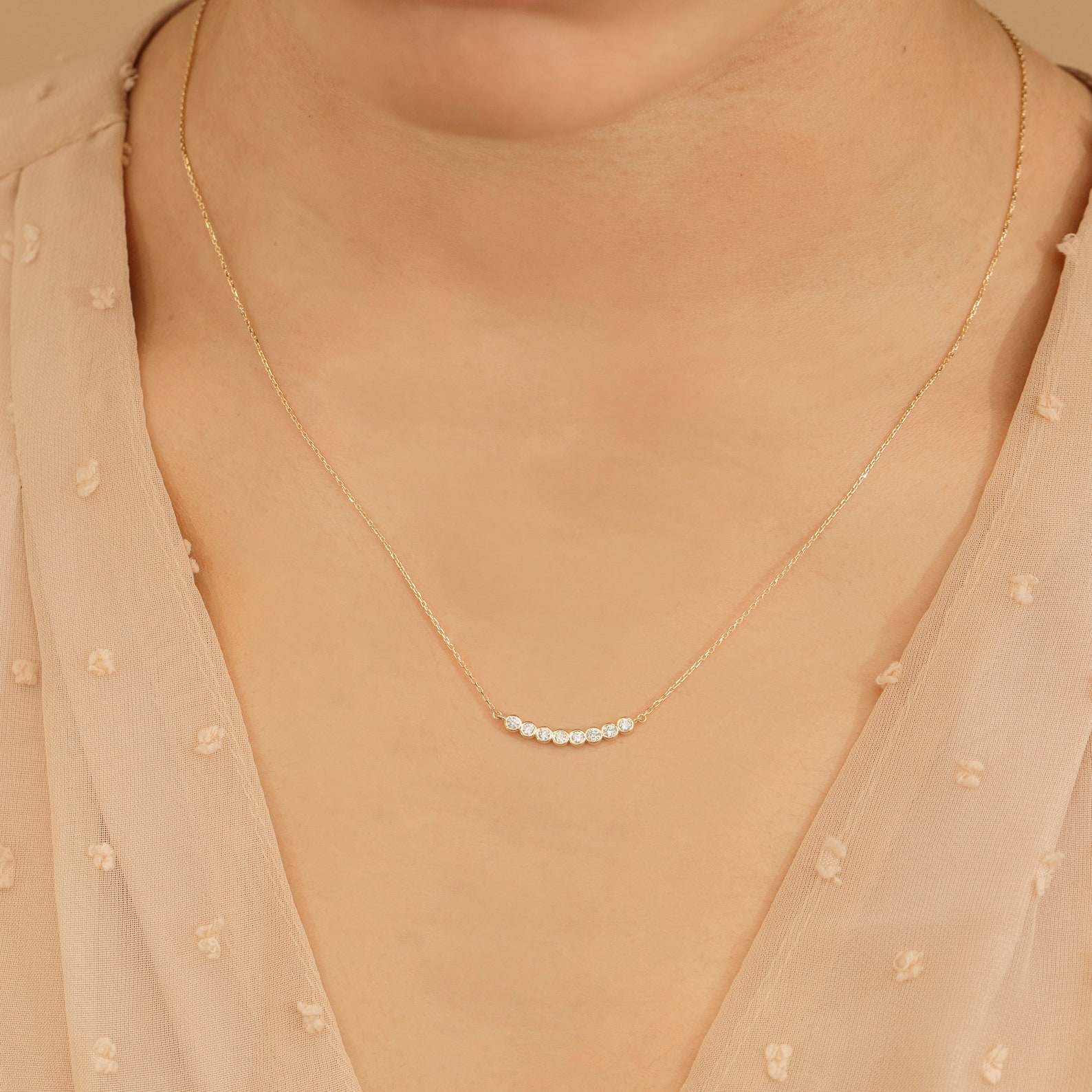 14k Solid Gold Diamond Bezel Bar Necklace, Dainty Curved Diamond Bar ...