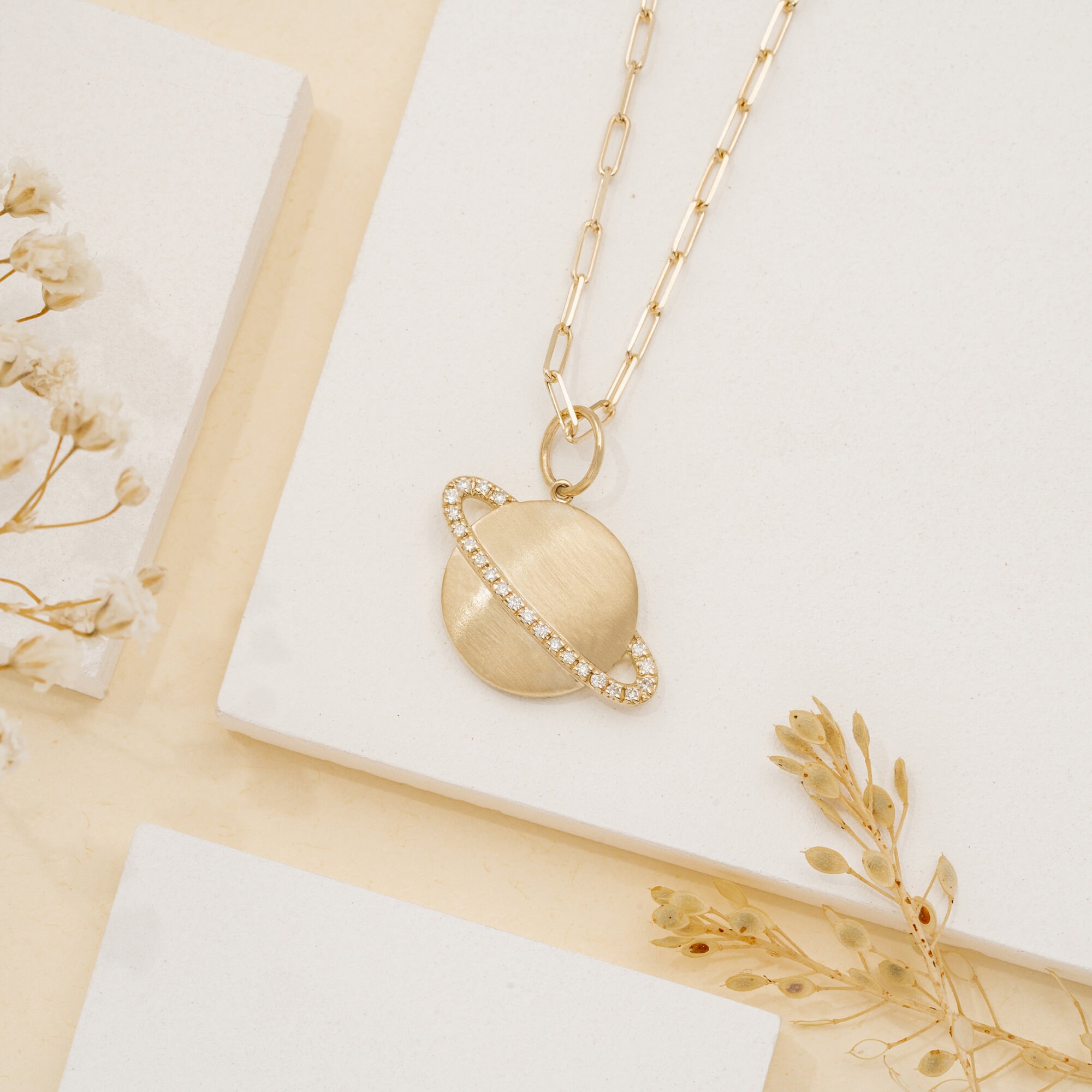 14k Solid Gold Diamond Saturn Necklace Brushed Gold Planet - Etsy