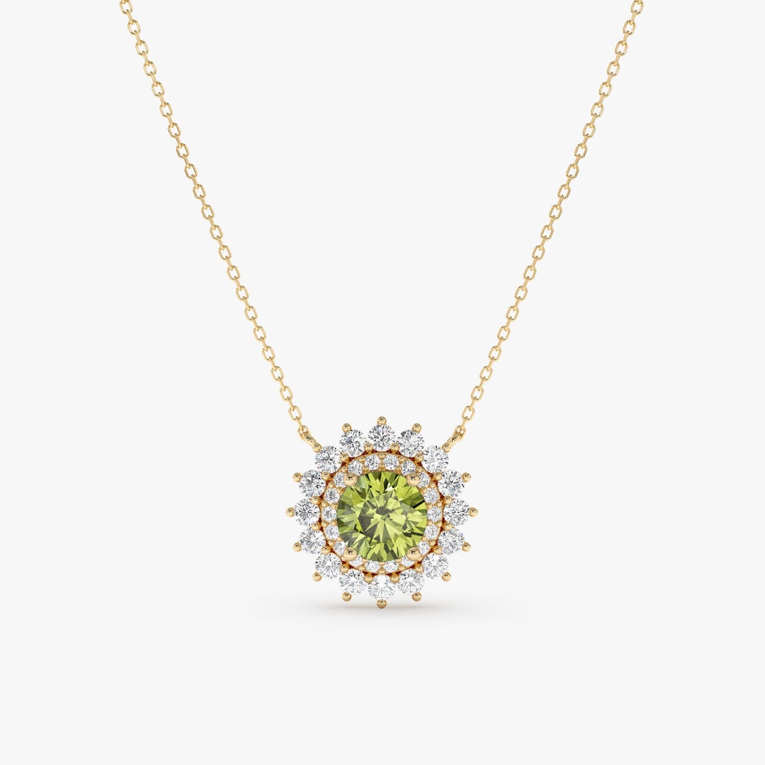 14k Solid Gold Peridot Necklace, Diamond Halo Necklace, Diamond Charm ...