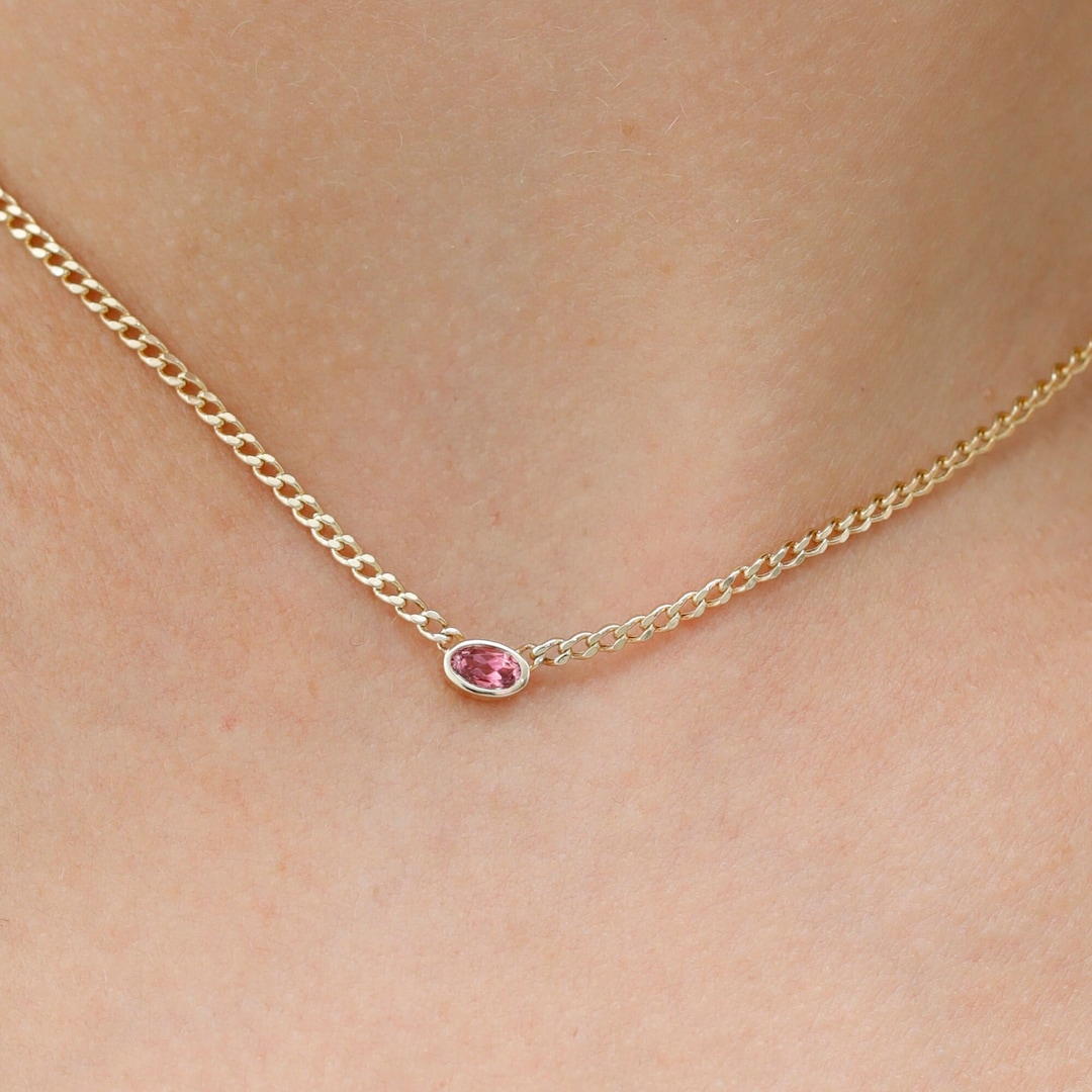 14k Gold Pink Sapphire Necklace, Cuban Chain Necklace, Oval Pink ...