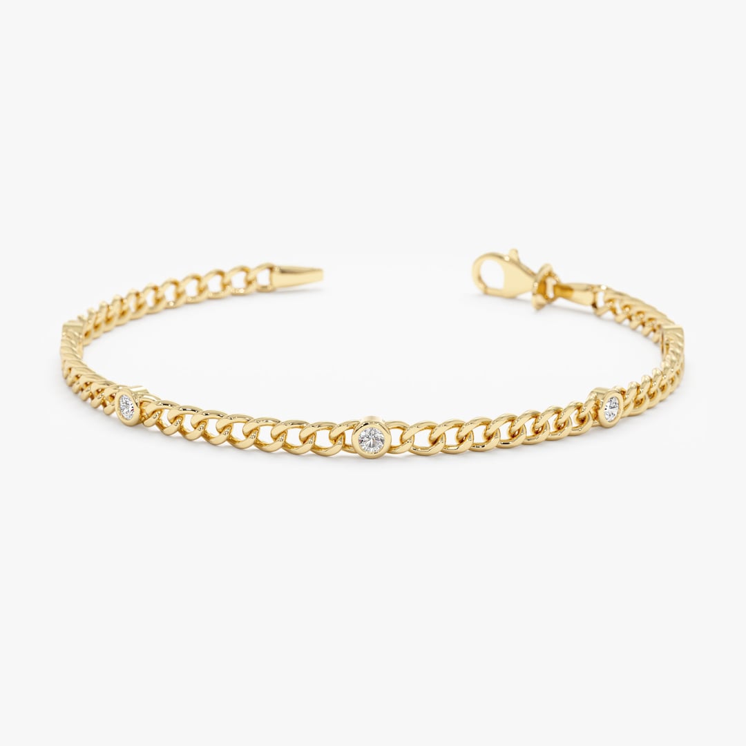 Diamond Cuban Chain Bracelet, 14k Diamond Bracelet, Solid Gold Curb ...