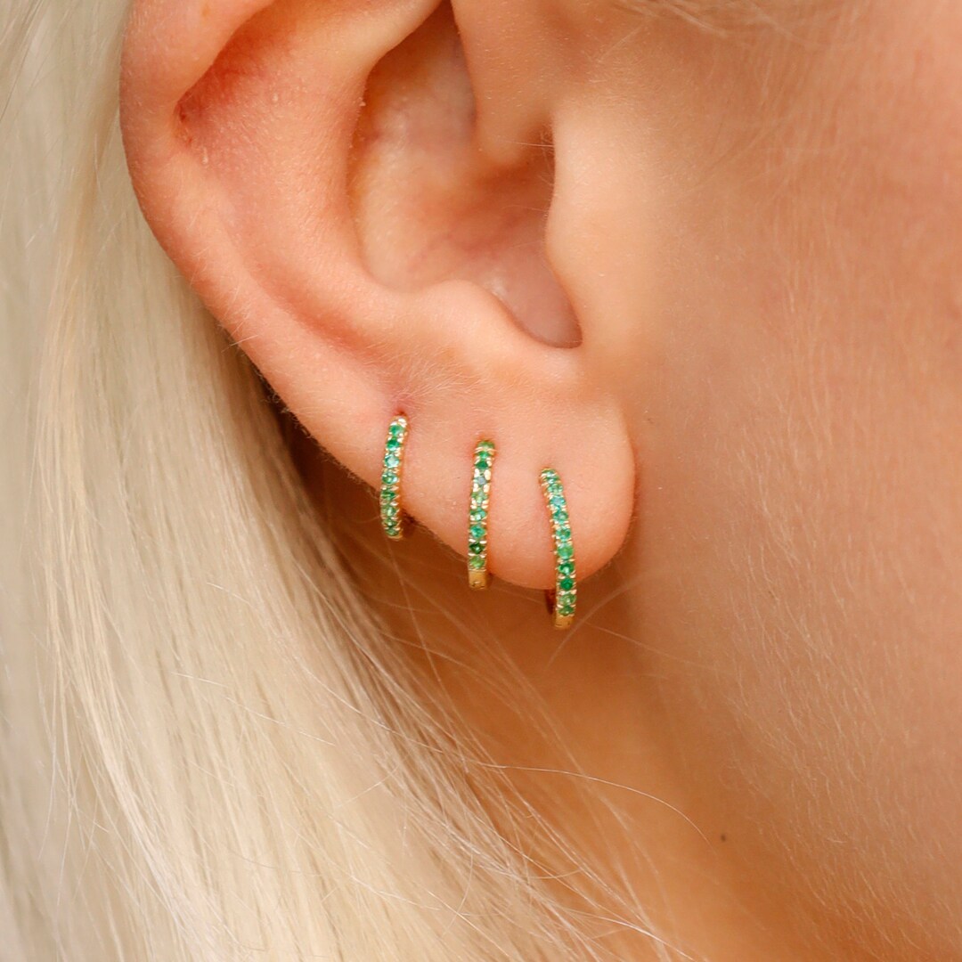 14k Emerald Huggies, Gold Huggies, Solid Gold Mini Hoops, Small Emerald ...