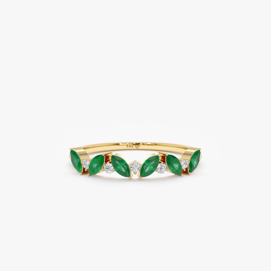 Solid Gold Half Eternity Ring With Natural Emeralds and Diamonds, 14k ...