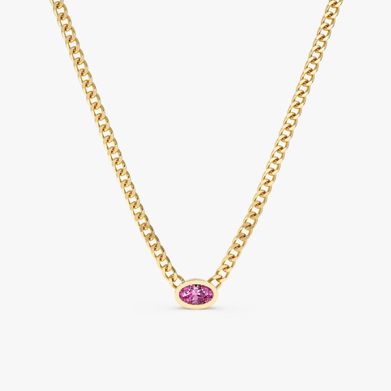 14k Gold Pink Sapphire Necklace, Cuban Chain Necklace, Oval Pink ...
