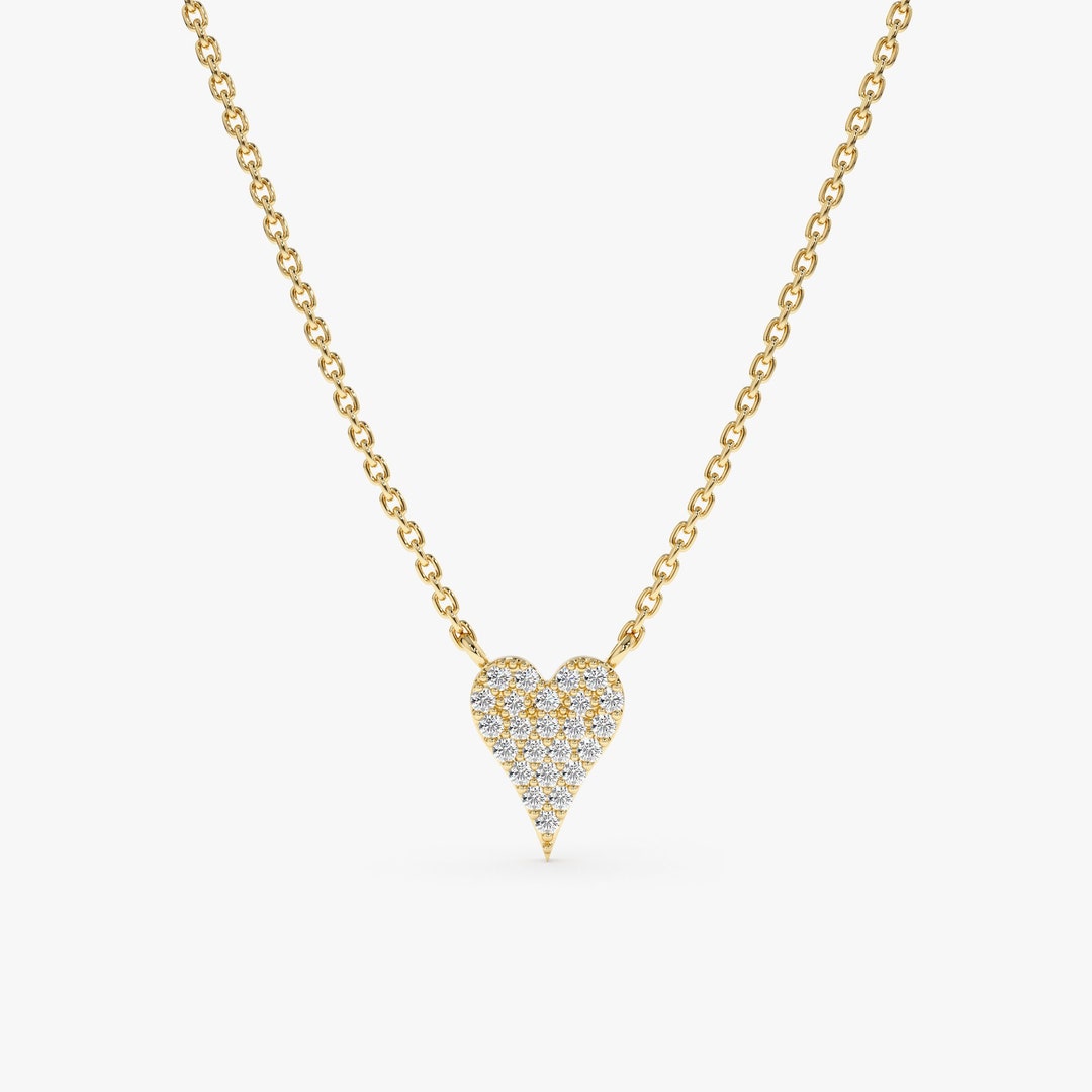 14k Diamond Heart Necklace, Small Diamond Necklace, Dainty Gold ...