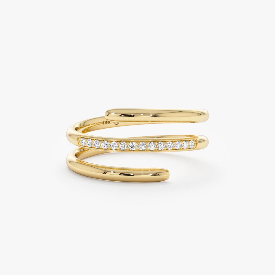 Diamond Accent Coil Ring, Solid Gold Wrap Around Ring, Dainty Ring, 14k ...