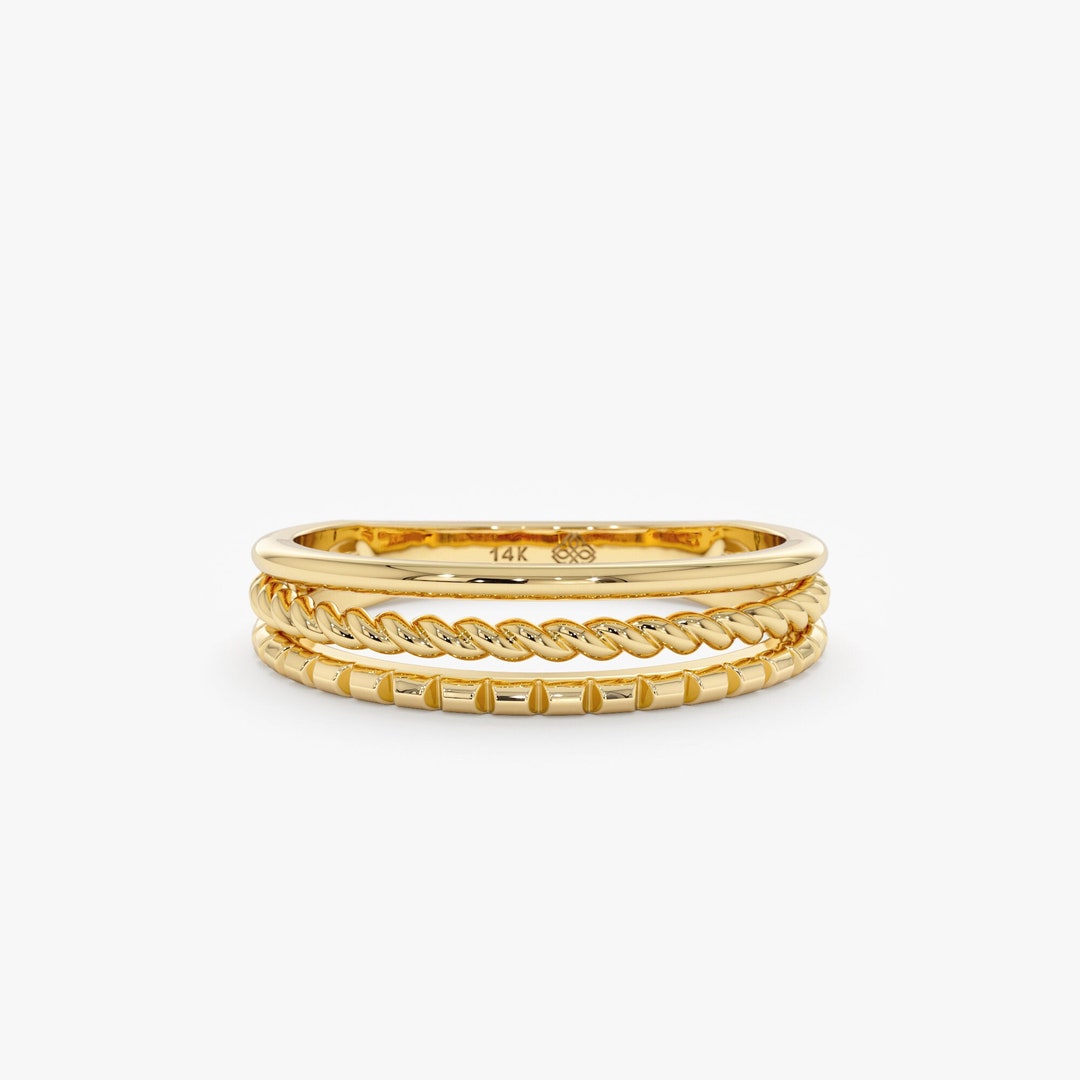 Solid Gold Ring, Stacked Gold Ring, Simple Ring, Multiple Shape on One ...
