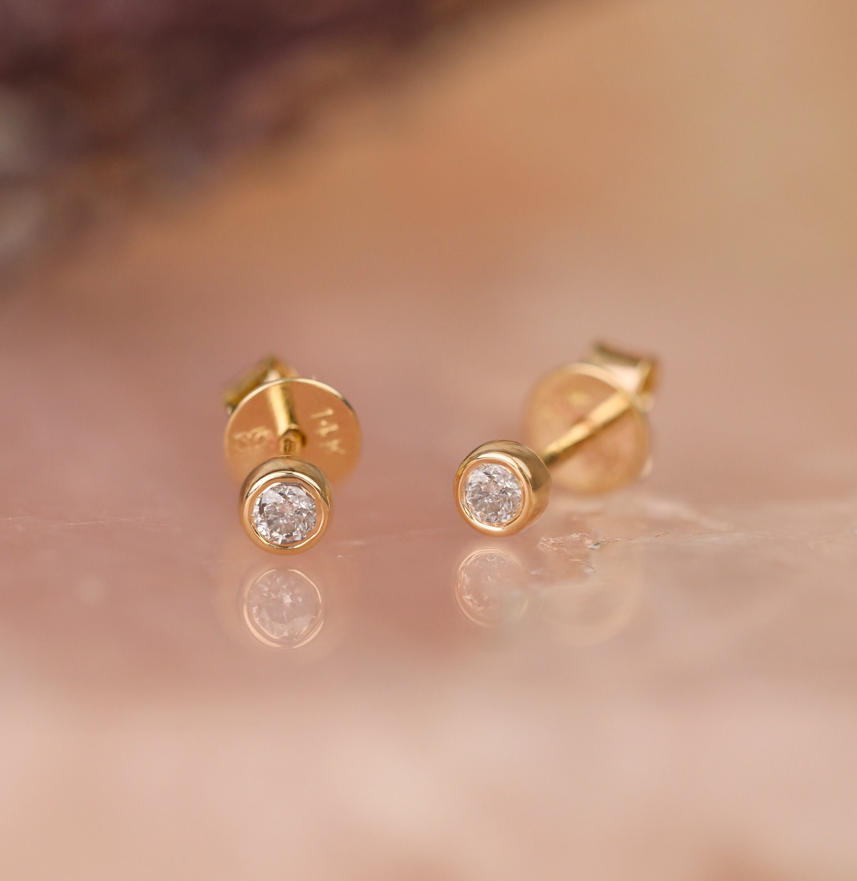 14k Gold Diamond Bezel Studs, Small Diamond Stud Earrings, White ...