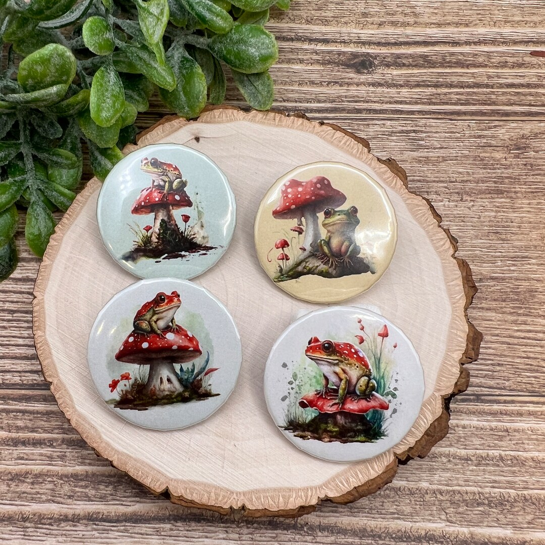 Whimsical Frog and Mushroom 1.25" Buttons – Toadstool Frog Pin Set ...
