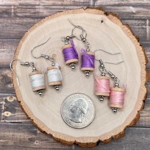Handmade Tiny Spool of Thread, Sewing Theme Wood Dangle Earrings ...