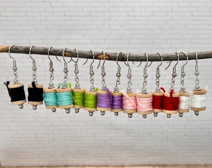 Handmade Tiny Spool of Thread, Sewing Theme Wood Dangle Earrings ...