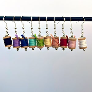 Handmade Tiny Spool of Thread, Sewing Theme Wood Dangle Earrings ...