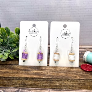 Handmade Tiny Spool of Thread, Sewing Theme Wood Dangle Earrings ...