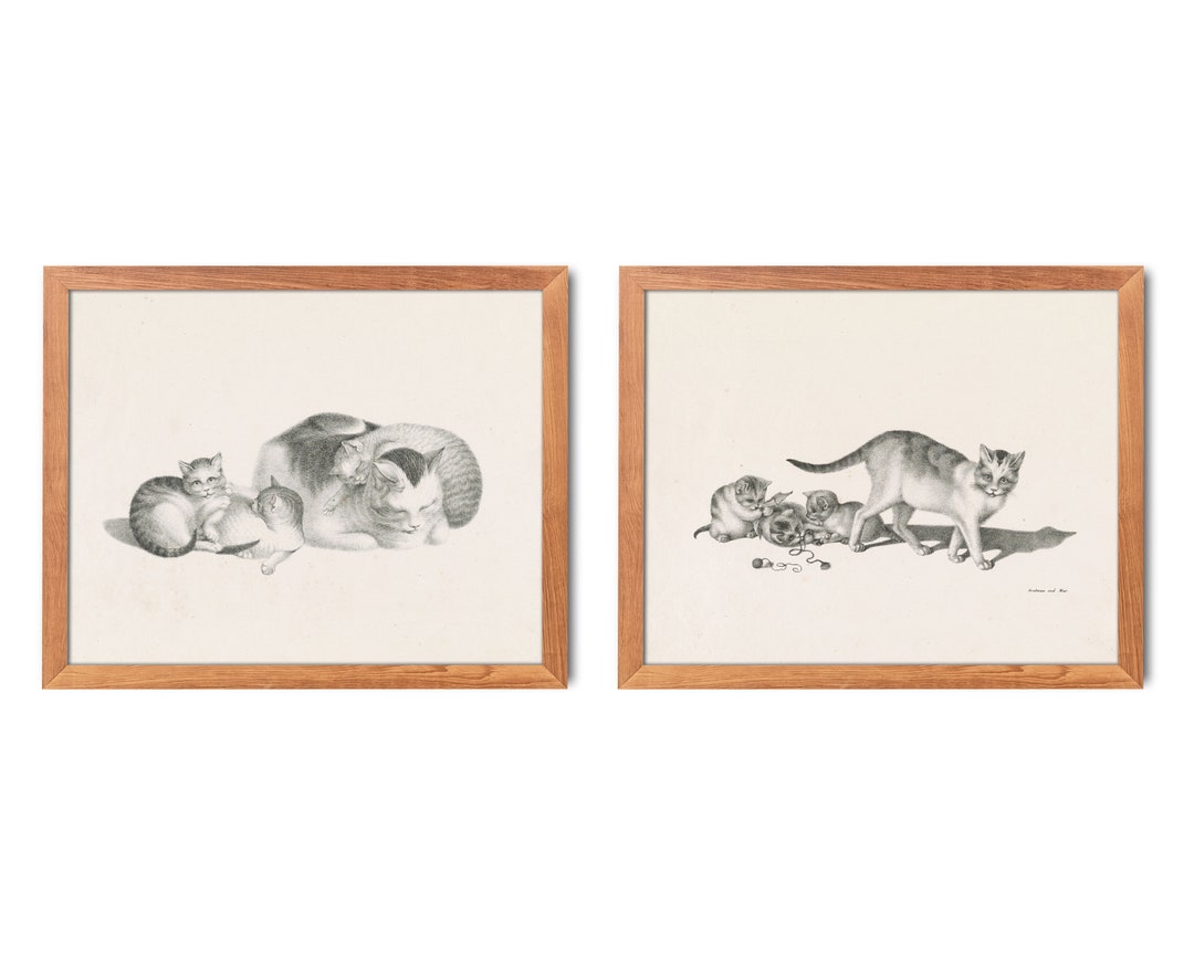 Vintage Lithograph REPRODUCTION Set of 2 Cats Kittens in 1860s Pencil ...