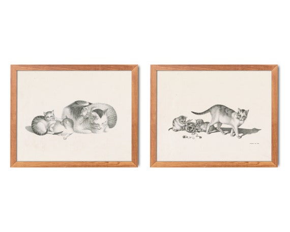 Vintage Lithograph REPRODUCTION Set of 2 Cats Kittens in 1860s | Etsy