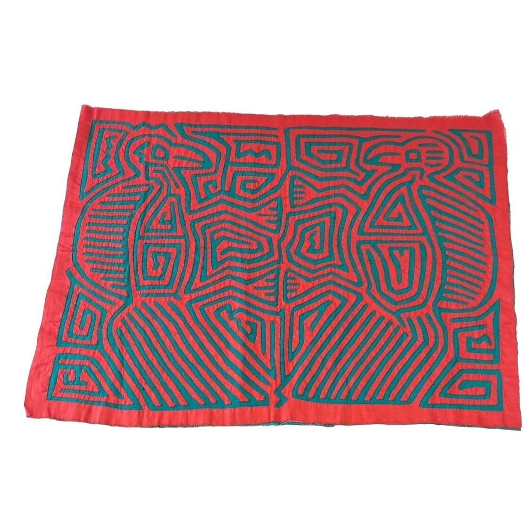 Vintage TURTLES Frameable MOLA Appliqued Fabric Panel RED Green Textile ...