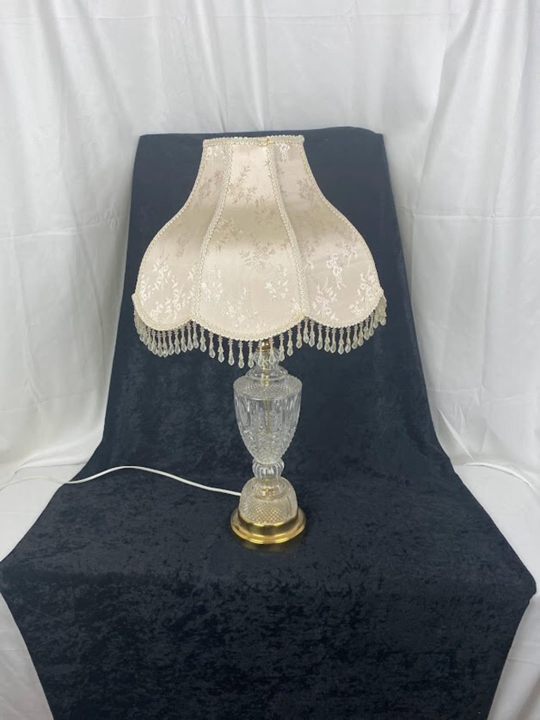 Vintage Victorian Crystal Table Lamp With Cream Curvy Balloon Beaded ...