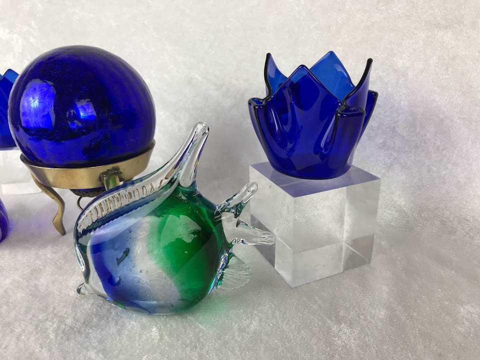 Vintage Blue Green Hand Blown Glass Collection, Fish, Crystal Ball ...