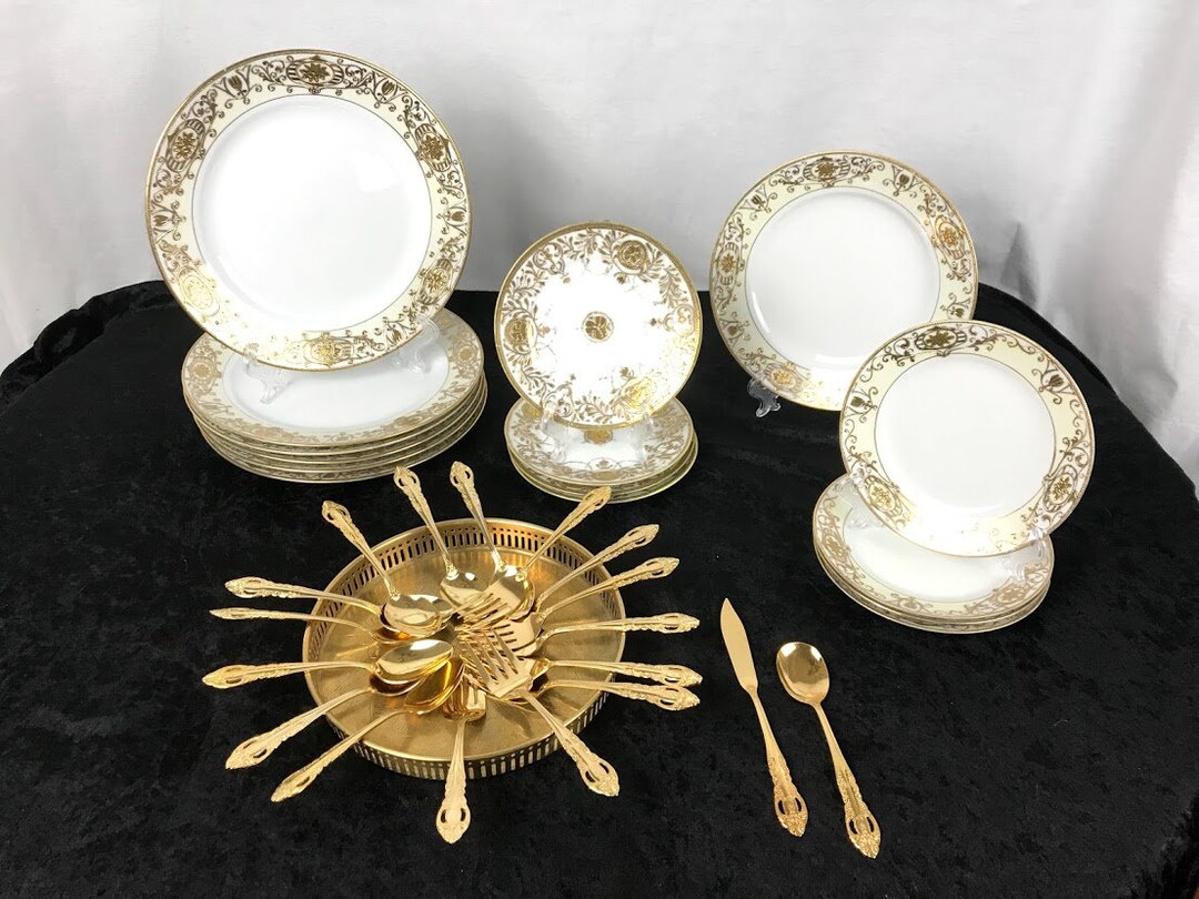 Vintage Golden Luncheon Set Featuring Intricate Gold Detailed Plates ...