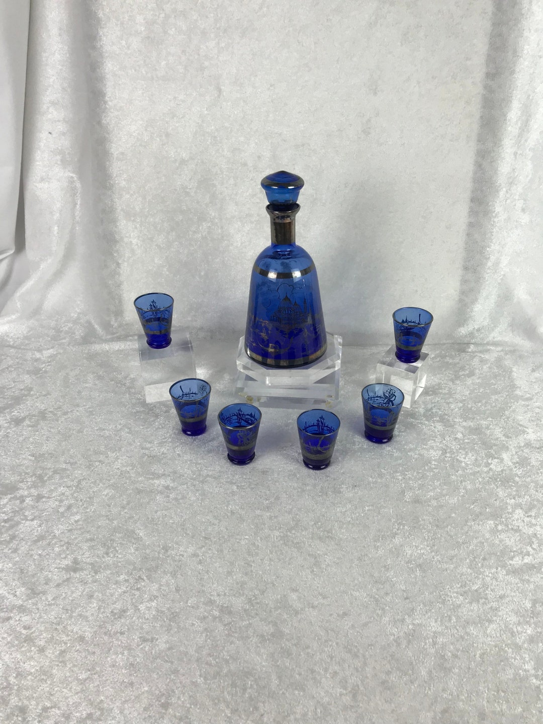 Stunning Italian Cobalt Blue Decanter Set With Images of Venice, Italy ...