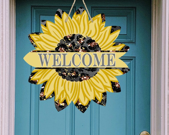 Sunflower Door Hanger Welcome Split Leopard Sunflower | Etsy