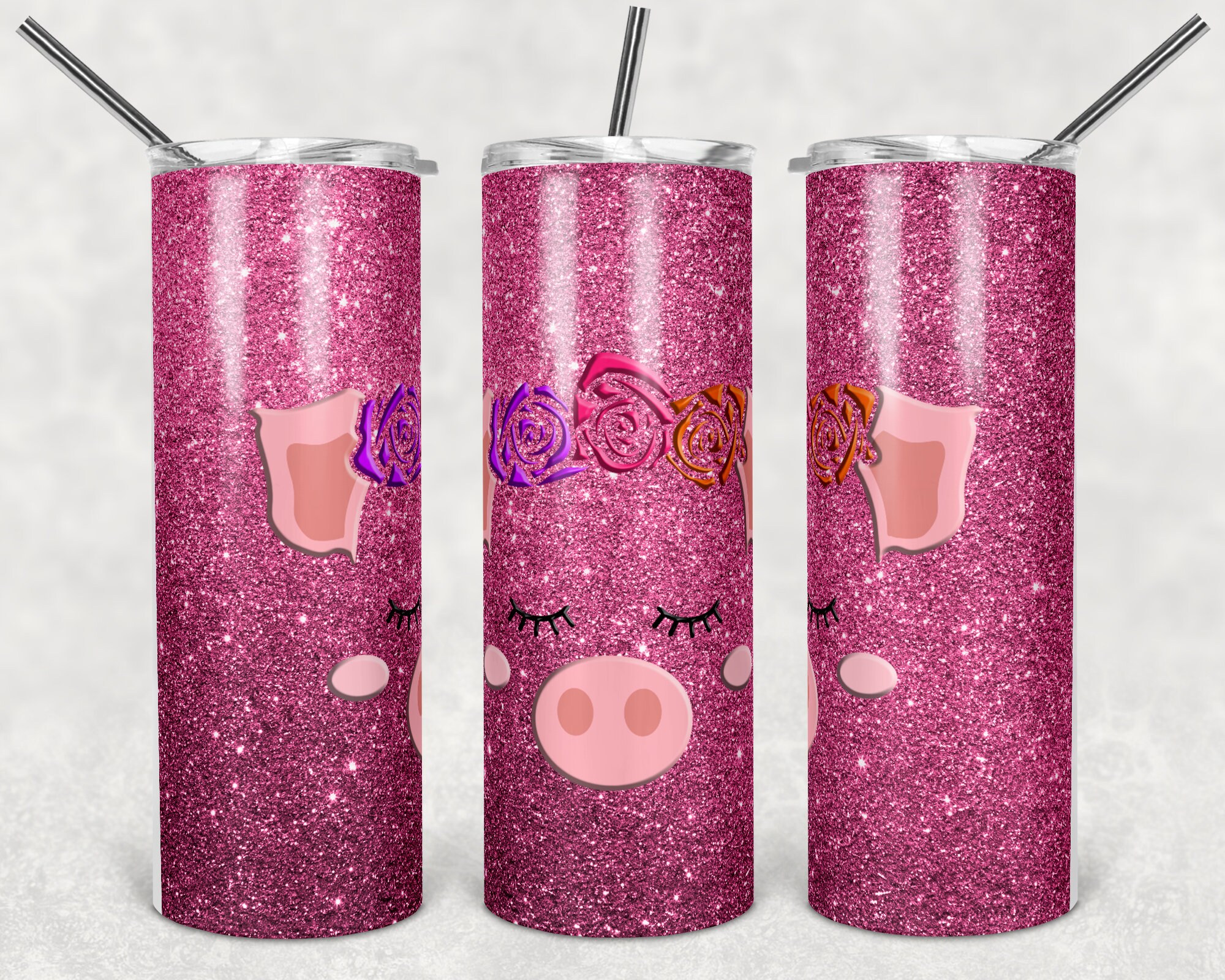 20 oz Skinny Tumbler Yellow Glitter Pig face Design for | Etsy
