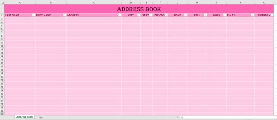 MS Excel Address Book Pink Template Sort & Filter Name - Etsy