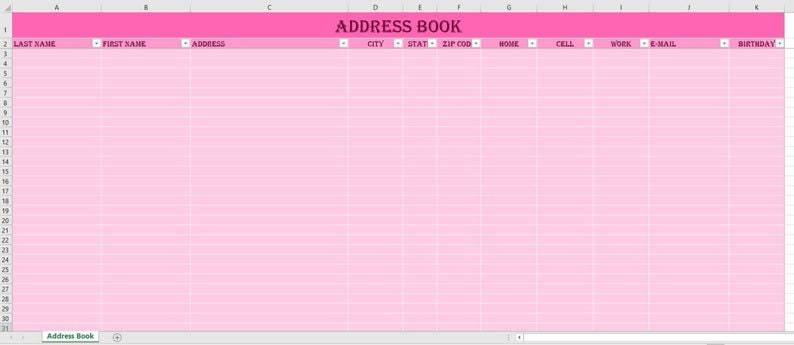 MS Excel Address Book Pink Template Sort & Filter Name - Etsy