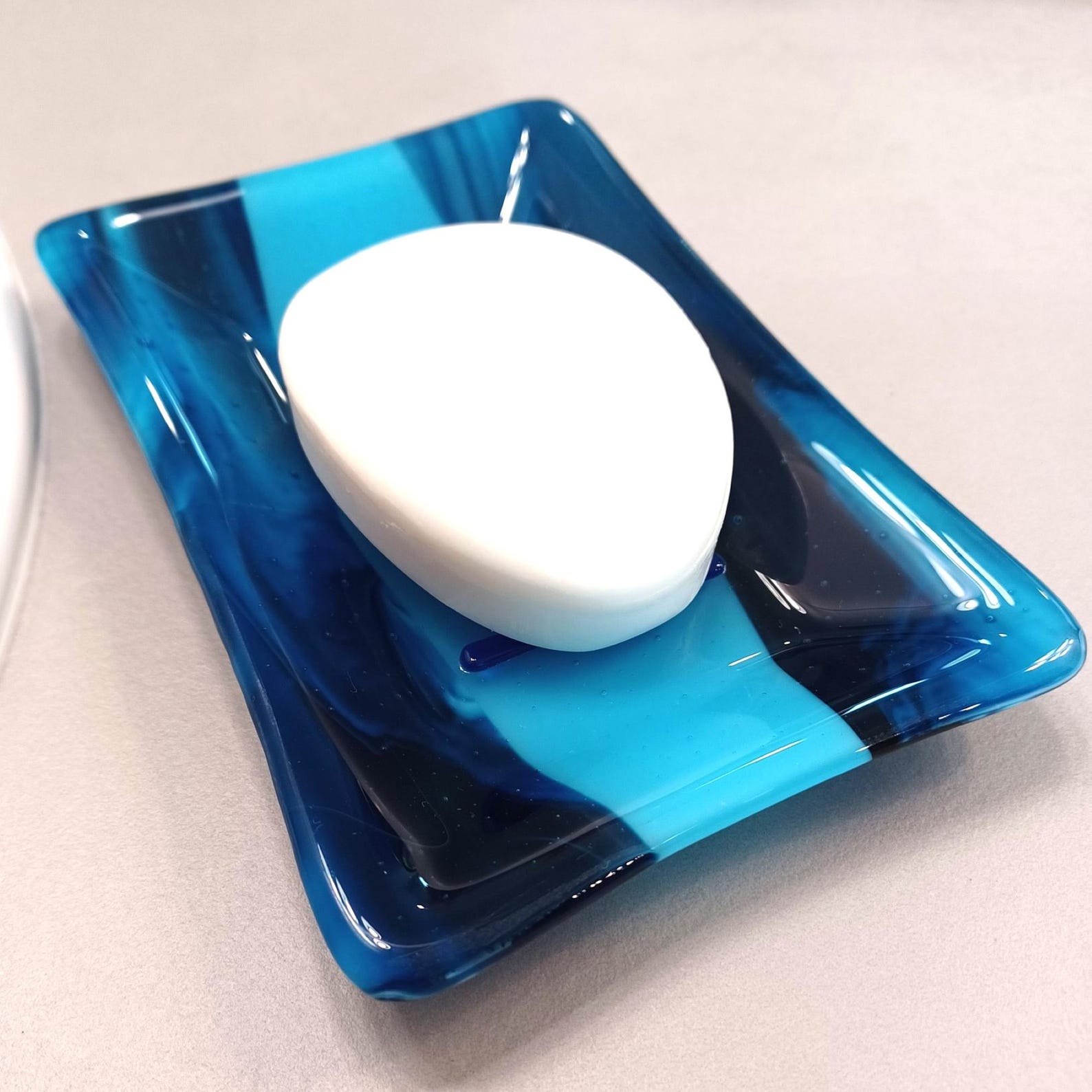 Fused Glass Soap Dish. Cyan Blue, Dark Blue, White and Clear ...