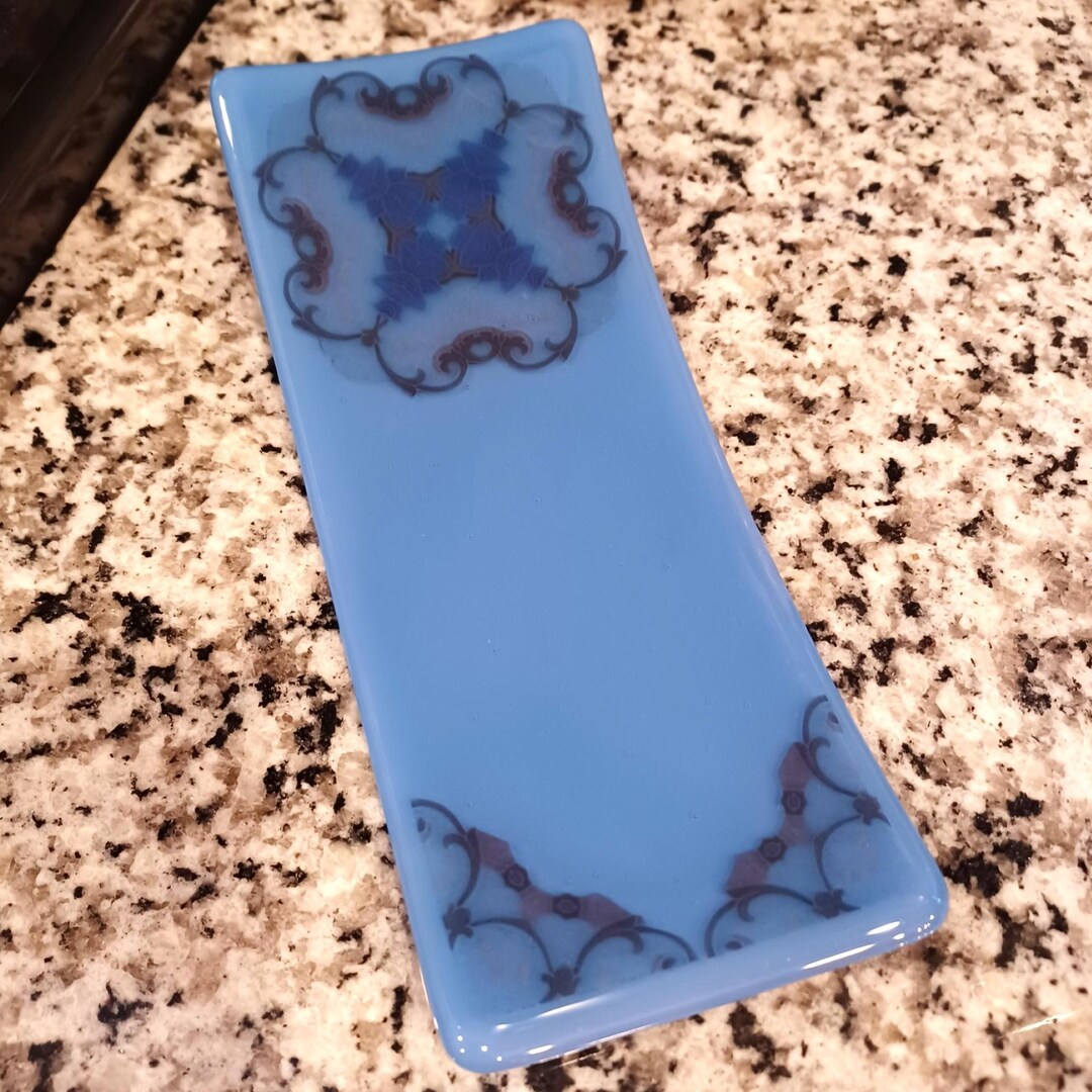 Fused Glass Spoon Rest for Kitchen. Kaleidoscope Pattern Image on Blue ...