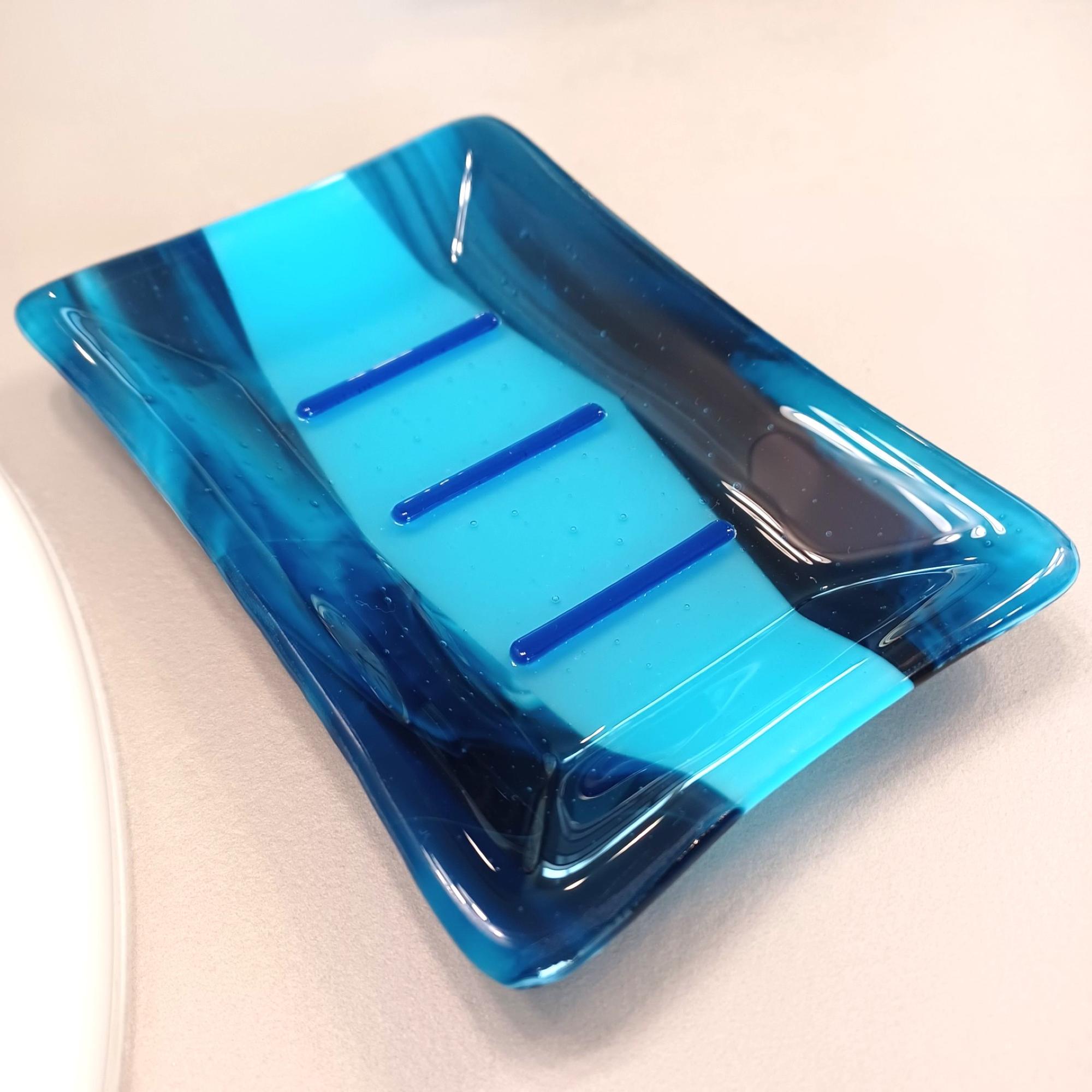 Fused Glass Soap Dish. Cyan Blue, Dark Blue, White and Clear ...