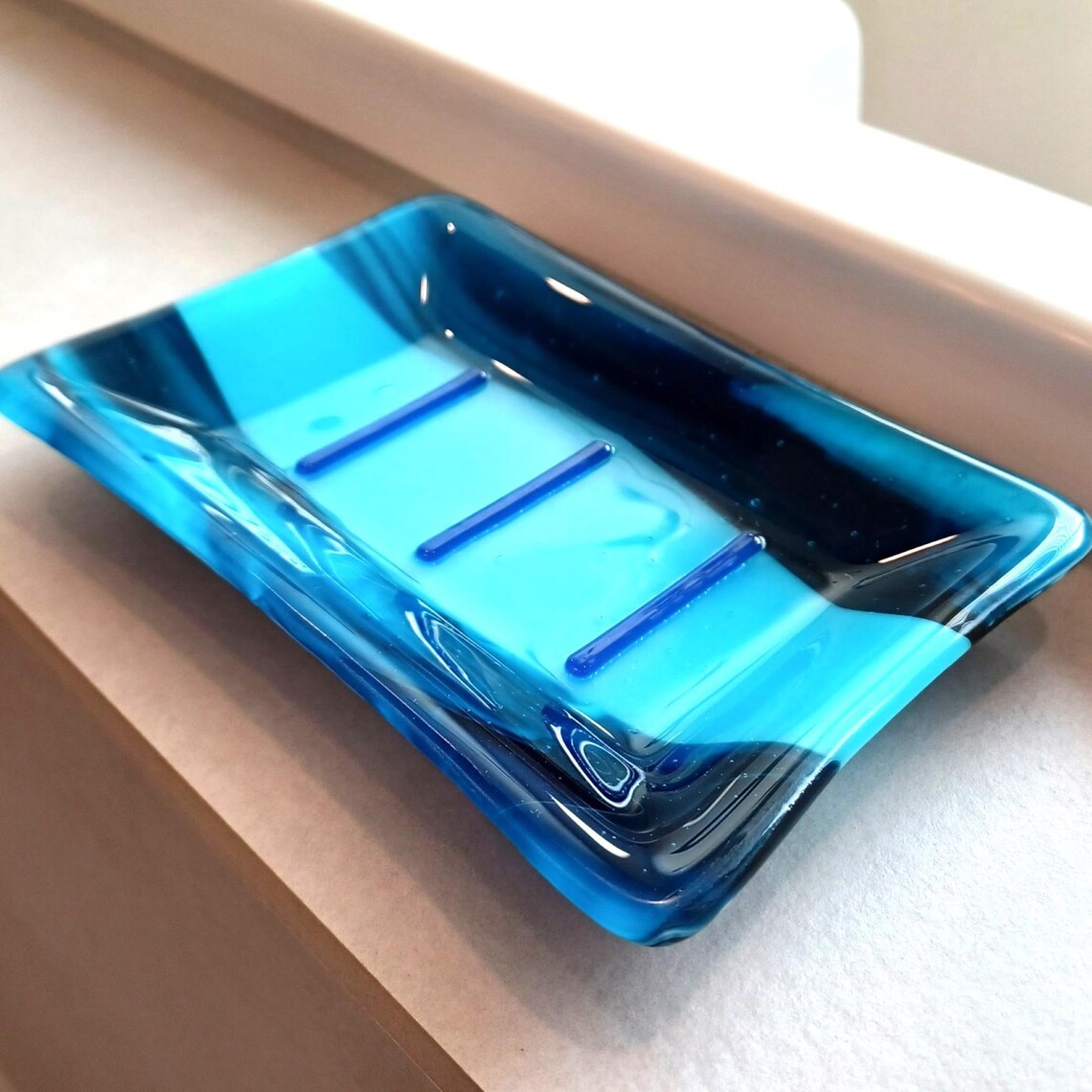 Fused Glass Soap Dish. Cyan Blue, Dark Blue, White and Clear ...